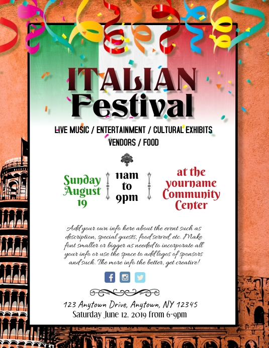 Italian Festival Event Dinner Night Flyer Template | PosterMyWall