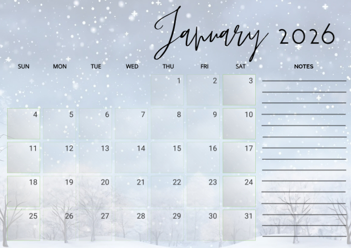 Plantilla de January 2026 Calendar Template Printable A4 | PosterMyWall