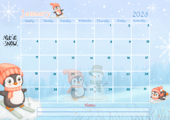 Modèle January 2026 Calendar Winter | PosterMyWall