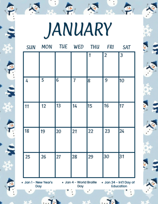 January 2026 Printable Calendar – Snowman Winter Theme Templat ...