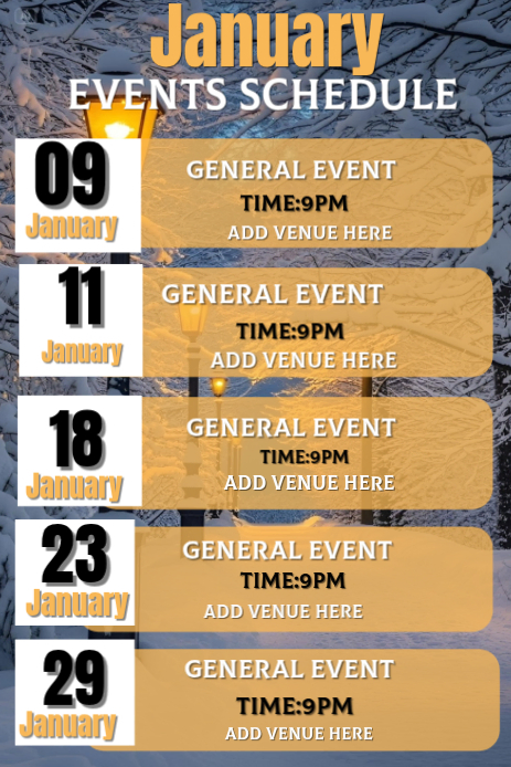 January event scheduled flyer design Template | PosterMyWall