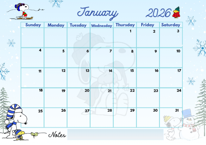 January Snoopy 2025 Calendar Template | PosterMyWall