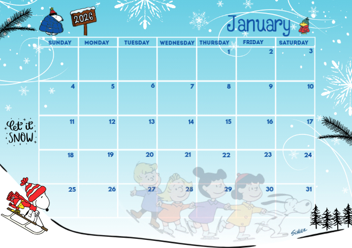Copy of January Snoopy 2026 Calendar Winter | PosterMyWall
