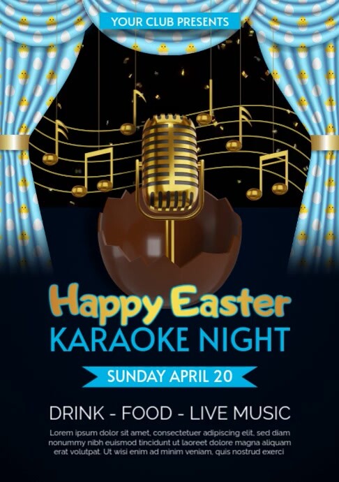 jheapy easter karaoke night flyer with golden vintage mic in chocolate ...