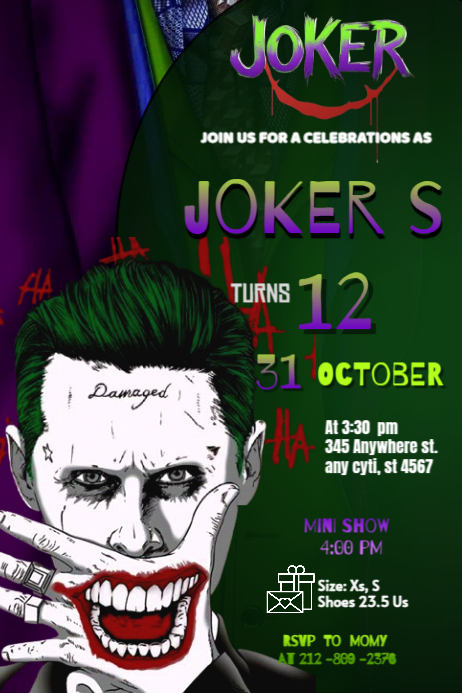 Joker Guasón invitation Brithday party temple flayer editablet ...