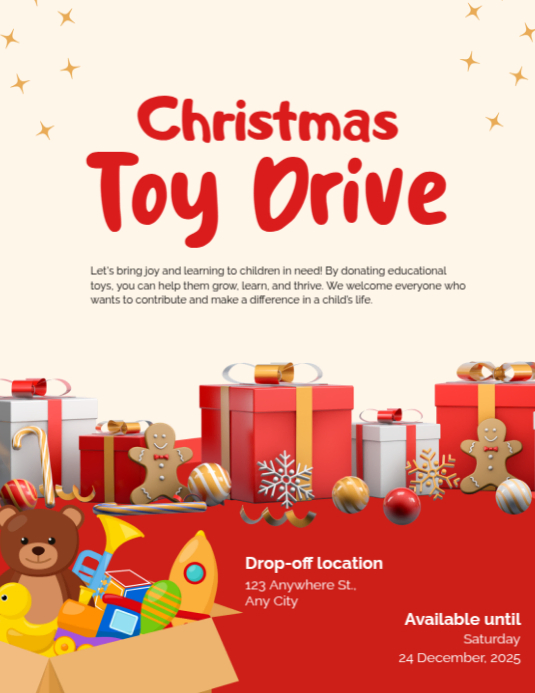 Joyful & Fun Red Christmas Toy Drive Flyer Template | PosterMyWall