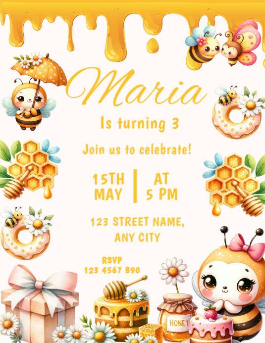 Joyful Bee Birthday Invitation Flyer (us Letter) Template | PosterMyWall