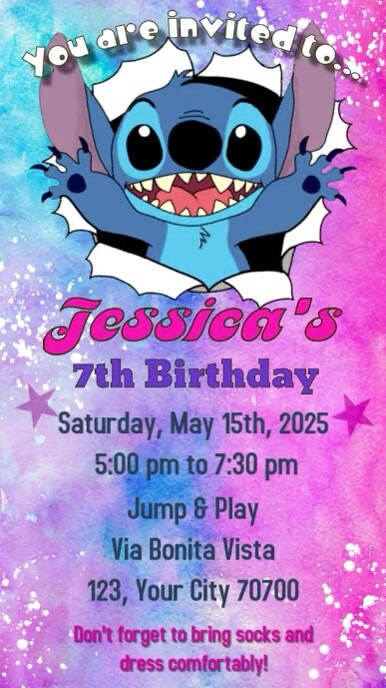 Copy of Joyful Blue And Pink Stitch Girl Party Invitation, Whatsapp ...