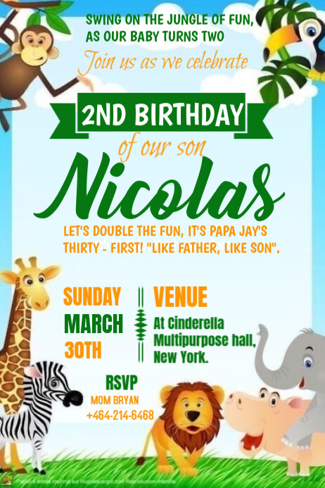Joyful Colorful Jungle Themed Birthday Party Invitation Poster Template ...