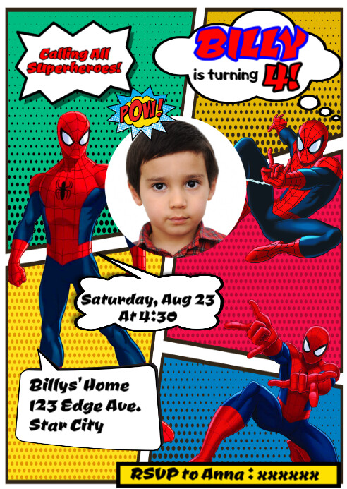 Joyful Comic A6 Spider-Man invitation Template | PosterMyWall
