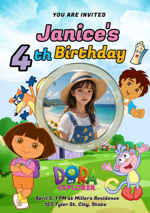 Joyful Dora The Explorer Birthday A4 Template | PosterMyWall