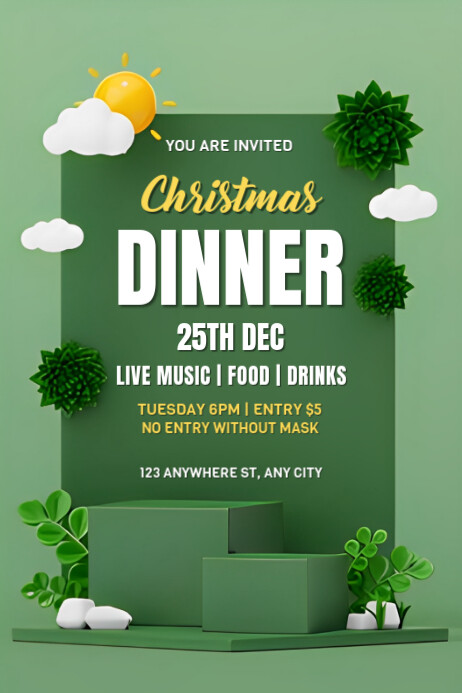 Joyful Green Background Pastel Christmas Dinner Poster Template ...