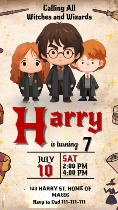 Joyful Harry Porter Birthday Invitation Digital Display (9:16) Template ...