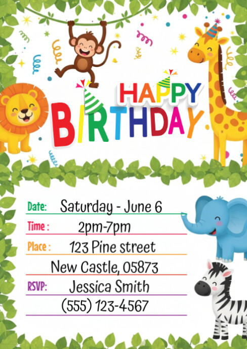 Joyful Jungle Birthday A6 Template | PosterMyWall