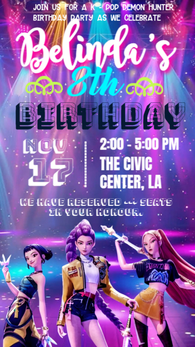 Joyful K Pop Demon Hunter Birthday Invitation Flyer Instagram Story templaat | PosterMyWall