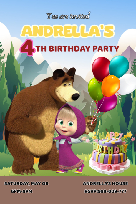 Joyful Masha And Bear Birthday Poster Template | PosterMyWall