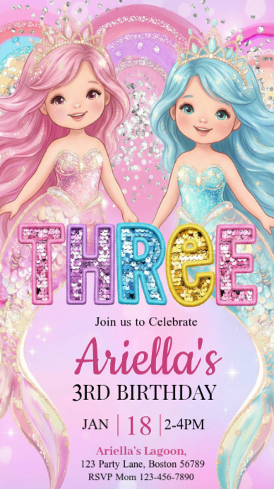 Joyful Mermaid 3rd Birthday Invitation Instagram Story Template ...