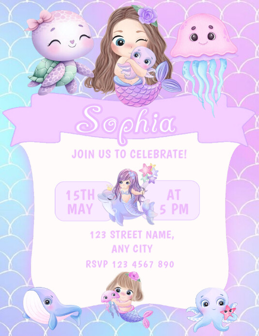 Joyful Mermaid Birthday Invitation Flyer (us Letter) Template ...