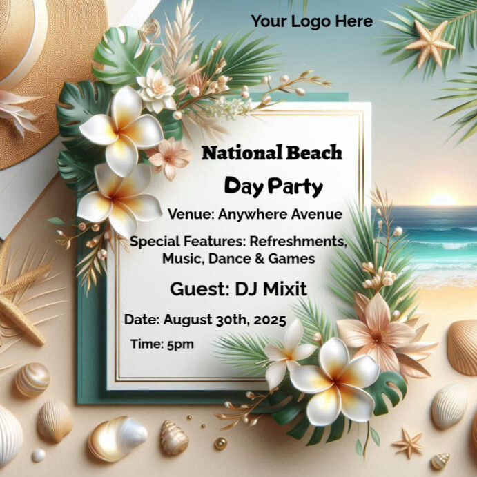 Joyful National Beach Day Party Invitation Poster Template Instagram ...