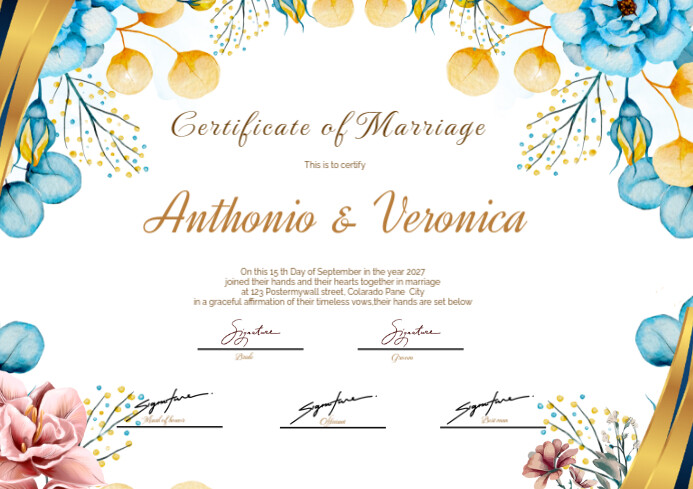 Joyful Pastel Floral Certificate Of Marriage A4 เทมเพลต | PosterMyWall