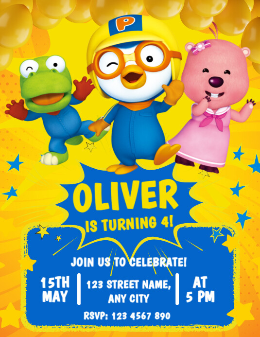 Copy of Joyful Pororo The Little Penguin Birthday Invitation Flyer (us ...