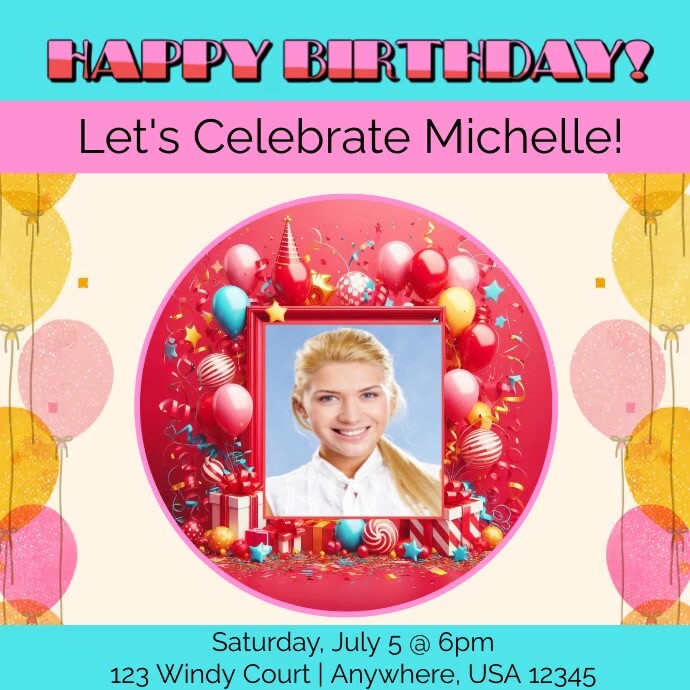 Joyful Red Pink and Blue Birthday Card and In Template | PosterMyWall