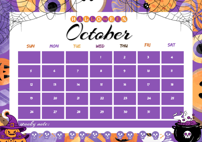 Plantilla de Joyful Spooky October Halloween Calendar A4 | PosterMyWall