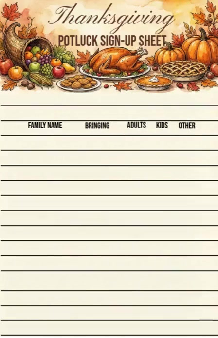 Joyful Thanksgiving Potluck Sign Up Sheet Tabloid Template | PosterMyWall