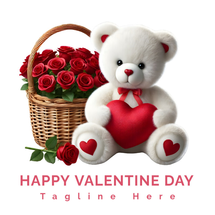 Joyful Valentines Day White Teddy Bear Sitting With Red Heart And A ...