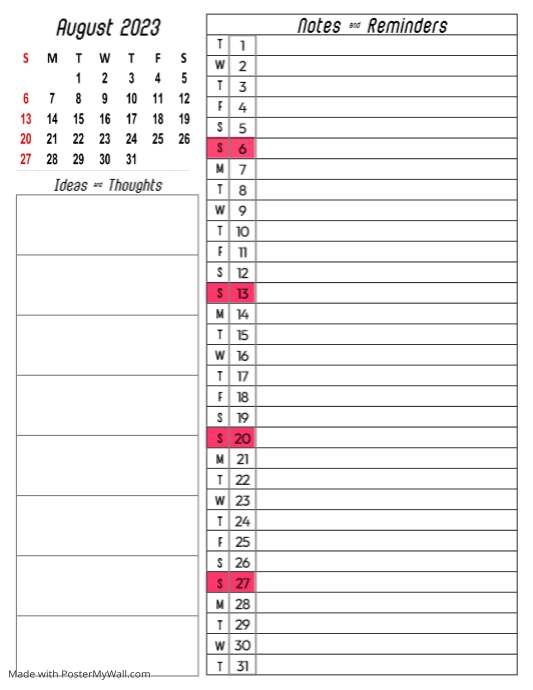 July 2023 daily notes & reminders Template | PosterMyWall