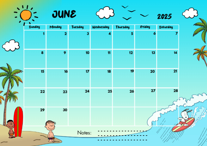Copy of June Snoopy 2025 Calendar Surf Beach | PosterMyWall