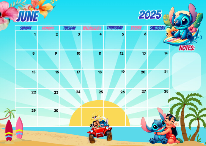 Copy of June Stitch 2025 Calendar Surf Beach | PosterMyWall