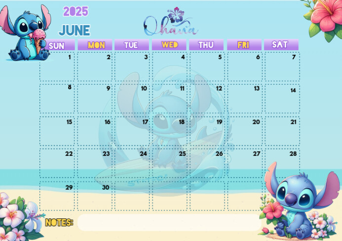 June Stitch 2025 Calendar Surf Summer Template | PosterMyWall