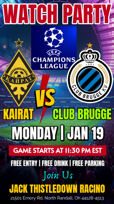 Kairat Vs Club Brugge UEFA 2026 Watch Party Instagram Story Template ...