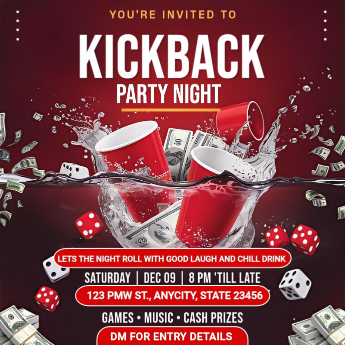 Copy of Kickback Party Night - Red & White Fun Celebration Invitation ...