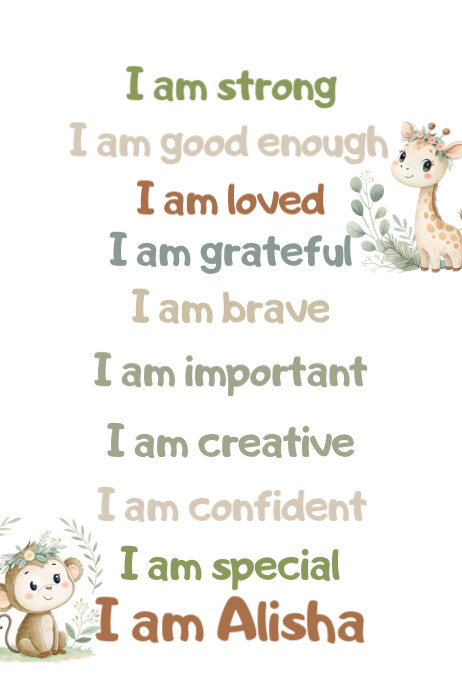 Plantilla de Kids Affirmations Wall Art – Giraffe & Monkey Jungle Print ...