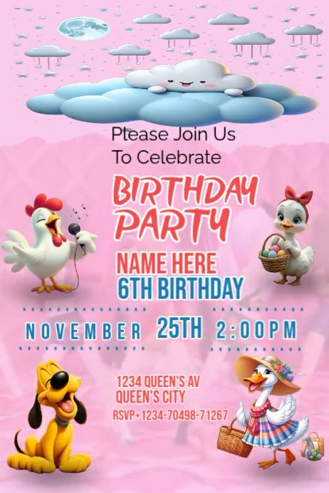 Plantilla de Kids Cartoon Animal Birthday Party Invitation | PosterMyWall
