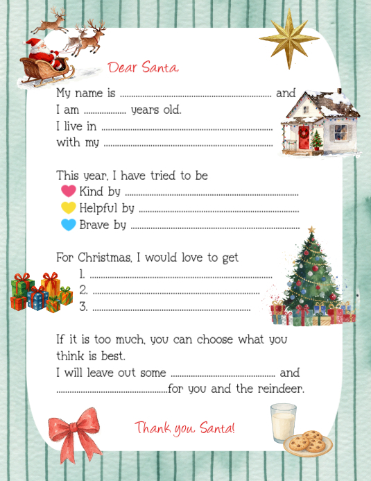 Kids Christmas Wish List Letter to Santa - Green (US Letter) Template ...