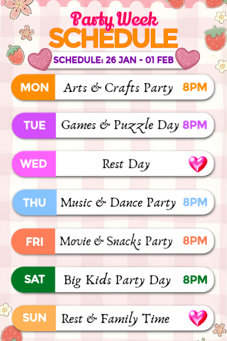 Kids party week event schedule Template | PosterMyWall