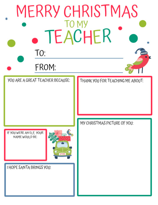 Kids Printable Merry Christmas Card For Teacher Red Green Holiday ...
