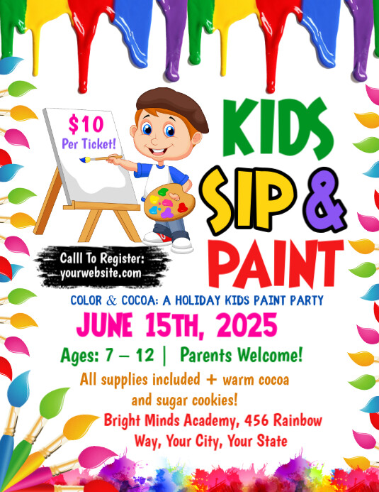 Kids Sip and Paint Event Flyer Template, Kids Painting Party Event ...