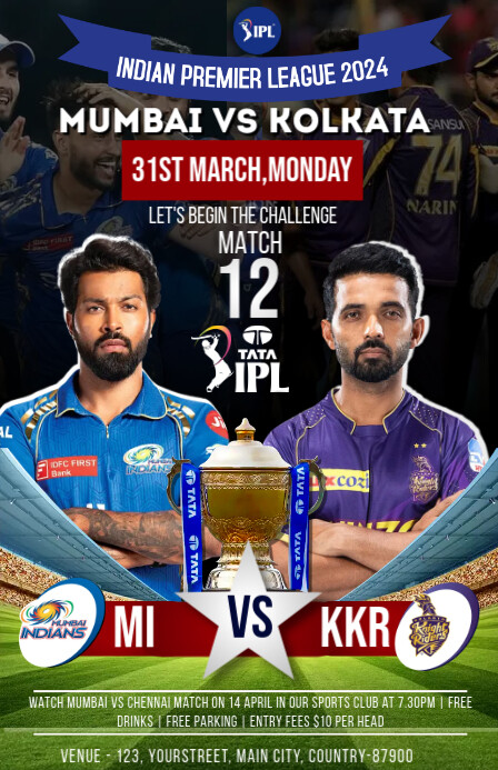 Copy of KKR VS MI Ipl Cricket Match Poster Template | PosterMyWall