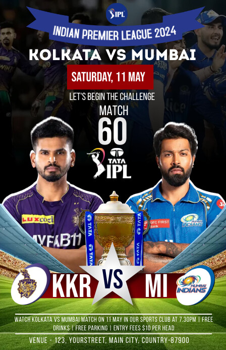 Kkr vs Mi ipl match Poster Template | PosterMyWall