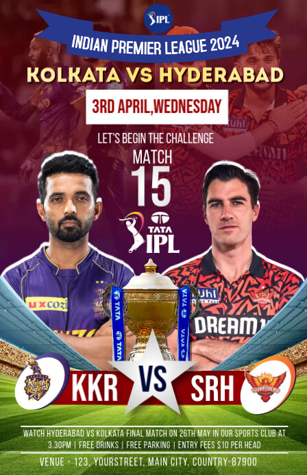 Copy of KKR VS SRH Ipl Cricket Match Poster Template | PosterMyWall