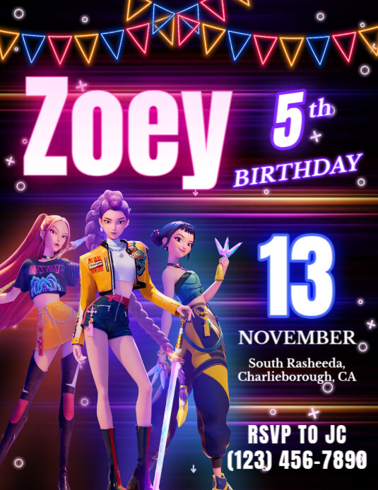 Kpop Demon Hunters Birthday Invitation Neon Template | PosterMyWall