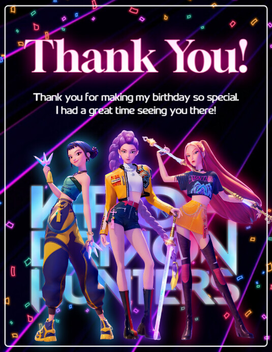 Kpop Demon Hunters Birthday Thank You Card Templat | PosterMyWall