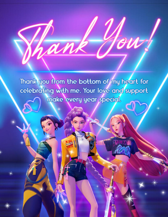 Kpop Demon Hunters Birthday Thank You card Template | PosterMyWall