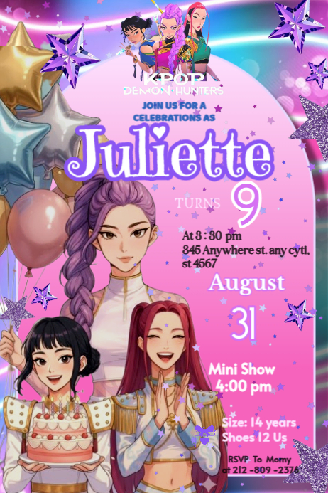 Kpop invitation Brithday party temple flayer editablet celebration kids ...