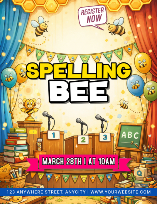 Kuning Ceria Spelling Bee Event Pamflet Template | PosterMyWall