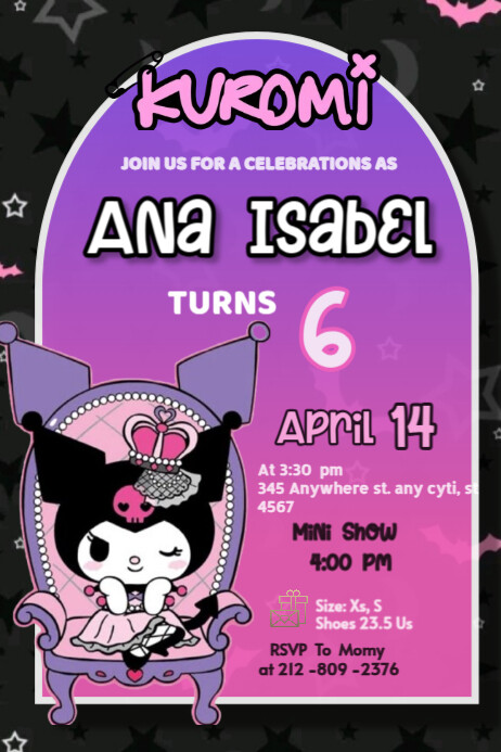 Copy of Kuromi invitation happy Brithday party temple flayer editablet ...